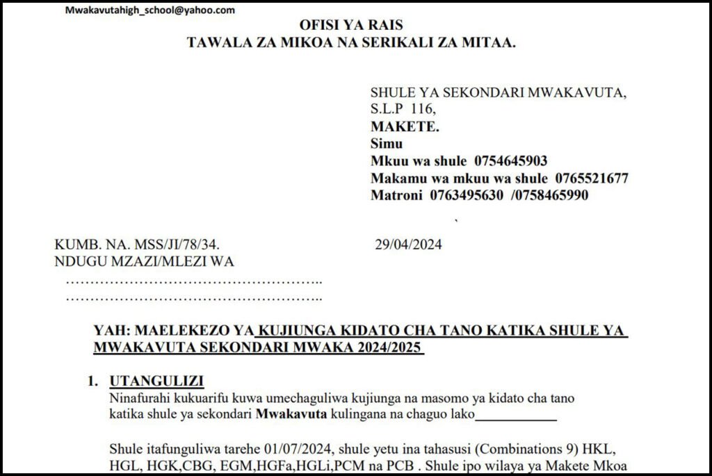 Fomu za Kujiunga Na Shule Kidato Cha Tano 2024/2025 - HABARI FORUM