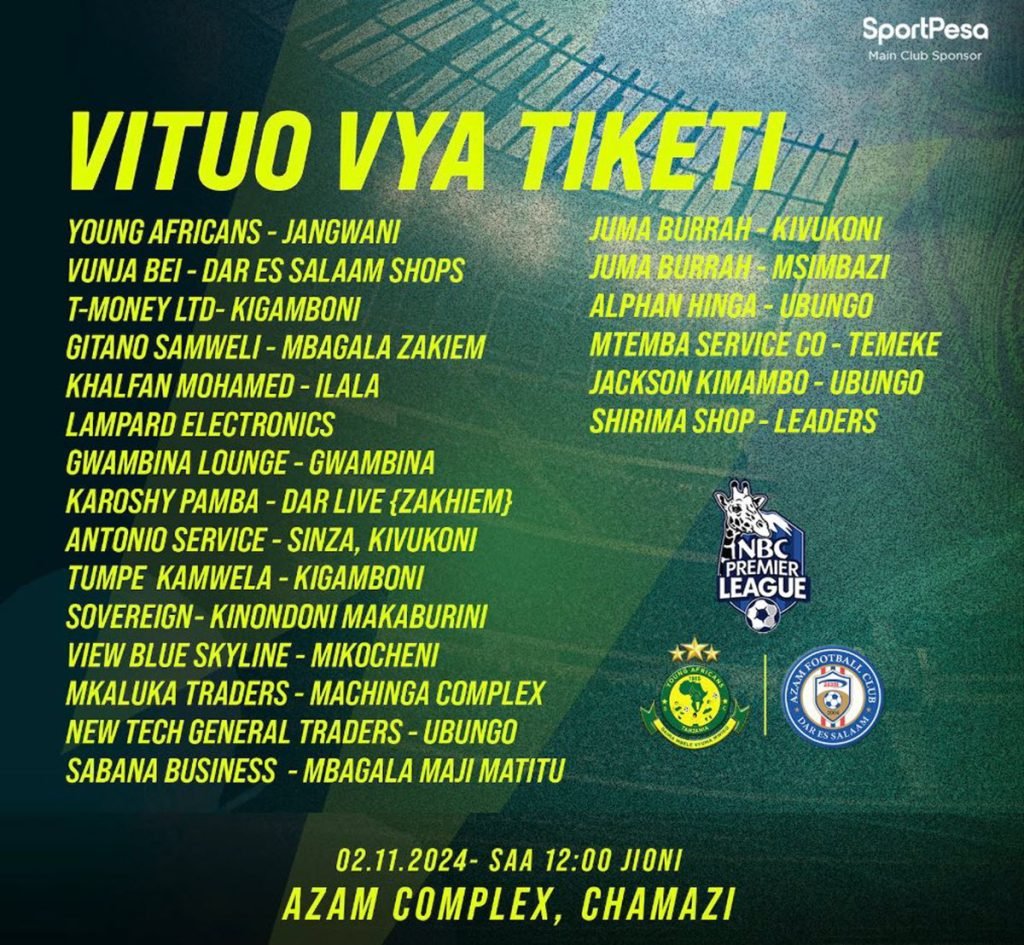 Vituo Vya Tiketi Za Mechi Ya Yanga SC VS Azam FC 02 November 2024 ...