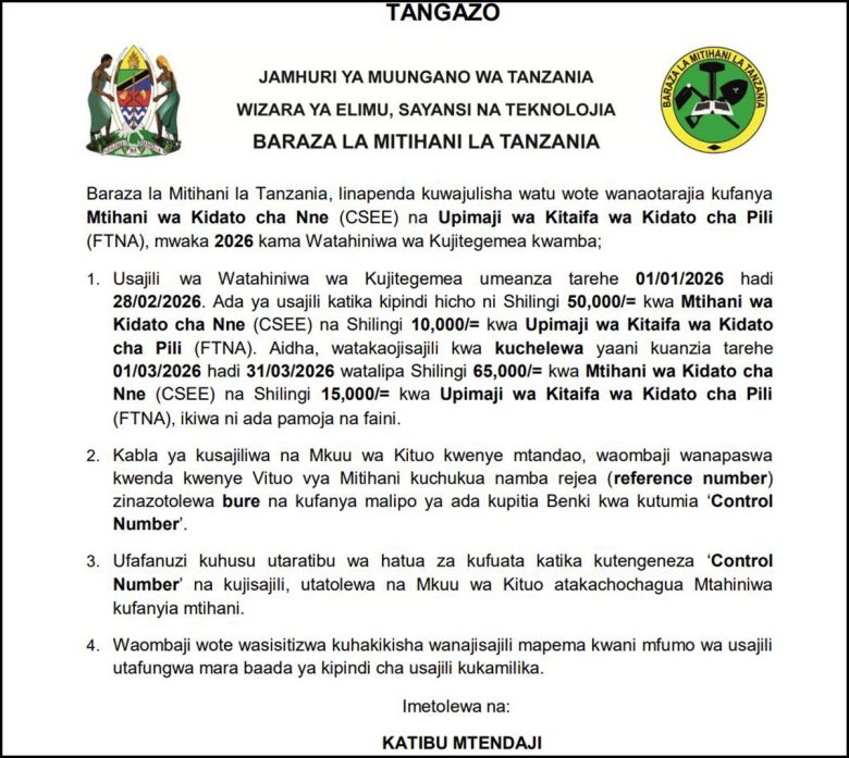 NECTA Yatangaza Usajili Wa Watahiniwa Wa Kujitegemea CSEE Na FTNA 2026 ...